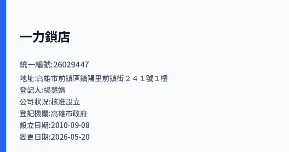 一力鎖店的照片-統編 26029447(高雄市) 公司登記資料與營業項目詳細圖表