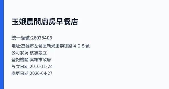 玉娥晨間廚房早餐店的照片-統編 26035406(高雄市) 公司登記資料與營業項目詳細圖表