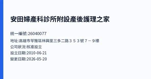 安田婦產科診所附設產後護理之家的照片-統編 26040077(高雄市) 公司登記資料與營業項目詳細圖表