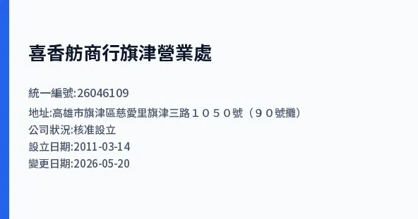 喜香舫商行旗津營業處的照片-統編 26046109(高雄市) 公司登記資料與營業項目詳細圖表