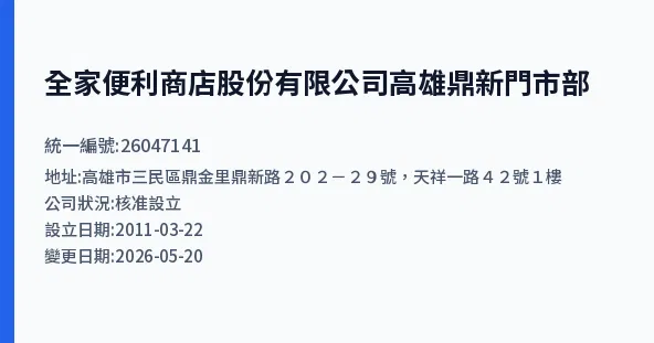 全家便利商店股份有限公司高雄鼎新門市部的照片-統編 26047141(高雄市) 公司登記資料與營業項目詳細圖表