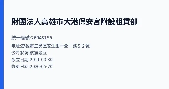 財團法人高雄市大港保安宮附設租賃部的照片-統編 26048155(高雄市) 公司登記資料與營業項目詳細圖表