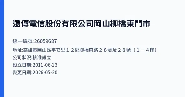 遠傳電信股份有限公司岡山柳橋東門市的照片-統編 26059687(高雄市) 公司登記資料與營業項目詳細圖表