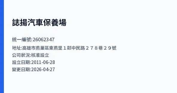 誌揚汽車保養場的照片-統編 26062347(高雄市) 公司登記資料與營業項目詳細圖表