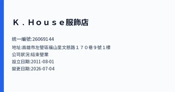 K﹒House服飾店的照片-統編 26069144(高雄市) 公司登記資料與營業項目詳細圖表