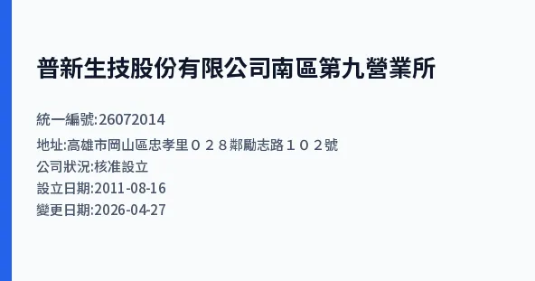 普新生技股份有限公司南區第九營業所的照片-統編 26072014(高雄市) 公司登記資料與營業項目詳細圖表