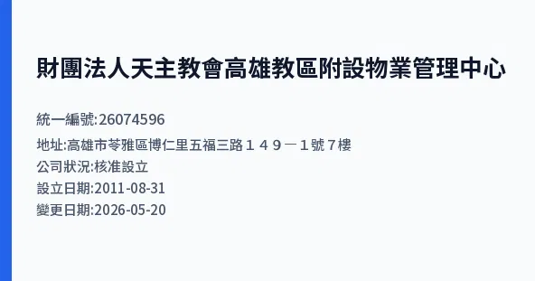 財團法人天主教會高雄教區附設物業管理中心的照片-統編 26074596(高雄市) 公司登記資料與營業項目詳細圖表