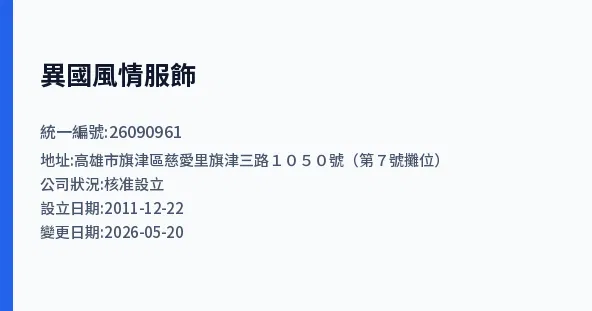 異國風情服飾的照片-統編 26090961(高雄市) 公司登記資料與營業項目詳細圖表