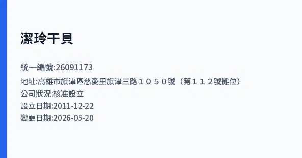 潔玲干貝的照片-統編 26091173(高雄市) 公司登記資料與營業項目詳細圖表