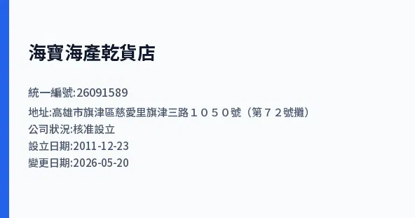 海寶海產乾貨店的照片-統編 26091589(高雄市) 公司登記資料與營業項目詳細圖表