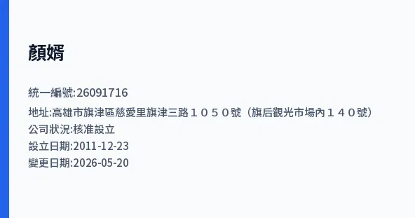 顏婿的照片-統編 26091716(高雄市) 公司登記資料與營業項目詳細圖表