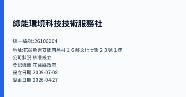 綠能環境科技技術服務社的照片-統編 26100004(花蓮縣) 公司登記資料與營業項目詳細圖表