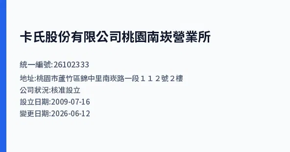 卡氏股份有限公司桃園南崁營業所的照片-統編 26102333(桃園市) 公司登記資料與營業項目詳細圖表