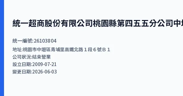 統一超商股份有限公司桃園縣第四五五分公司中壢高鐵門市的照片-統編 26103804(桃園市) 公司登記資料與營業項目詳細圖表