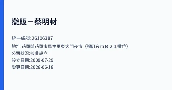 攤販-蔡明材的照片-統編 26106387(花蓮縣) 公司登記資料與營業項目詳細圖表