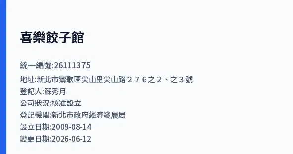 喜樂餃子館的照片-統編 26111375(新北市) 公司登記資料與營業項目詳細圖表