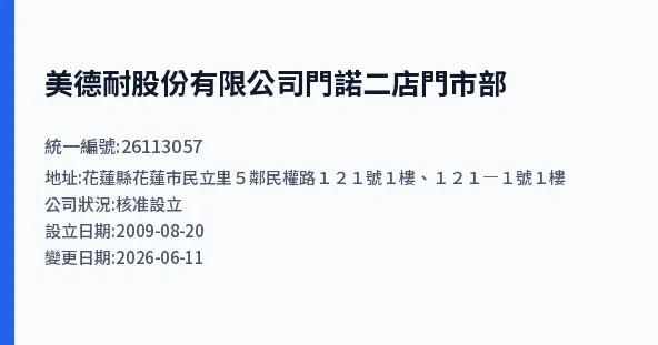 美德耐股份有限公司門諾二店門市部的照片-統編 26113057(花蓮縣) 公司登記資料與營業項目詳細圖表