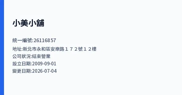 小美小舖的照片-統編 26116857(新北市) 公司登記資料與營業項目詳細圖表