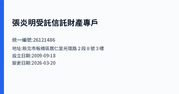 張炎明受託信託財產專戶的照片-統編 26121486(新北市) 公司登記資料與營業項目詳細圖表