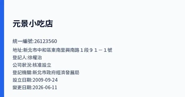 元景小吃店的照片-統編 26123560(新北市) 公司登記資料與營業項目詳細圖表