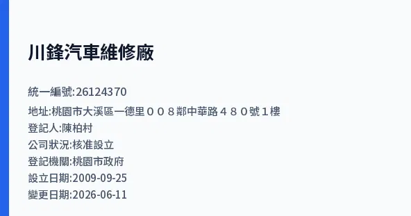 川鋒汽車維修廠的照片-統編 26124370(桃園市) 公司登記資料與營業項目詳細圖表