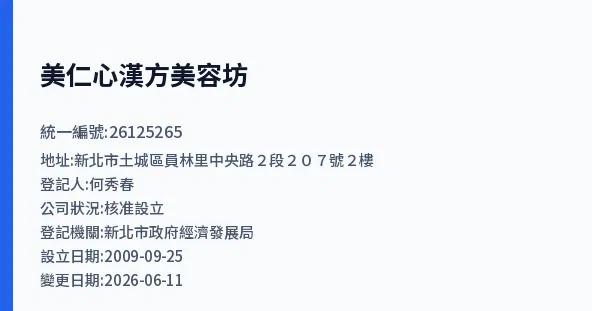 美仁心漢方美容坊的照片-統編 26125265(新北市) 公司登記資料與營業項目詳細圖表