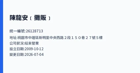 陳龍安﹝攤販﹞的照片-統編 26128713(桃園市) 公司登記資料與營業項目詳細圖表