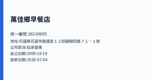 萬佳鄉早餐店的照片-統編 26130605(花蓮縣) 公司登記資料與營業項目詳細圖表