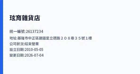 玹育雜貨店的照片-統編 26137234(基隆市) 公司登記資料與營業項目詳細圖表