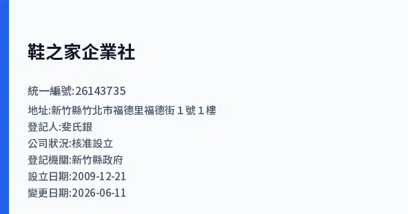 鞋之家企業社的照片-統編 26143735(新竹縣) 公司登記資料與營業項目詳細圖表