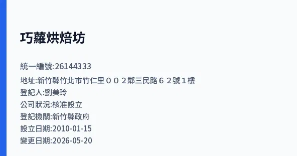 巧蘿烘焙坊的照片-統編 26144333(新竹縣) 公司登記資料與營業項目詳細圖表