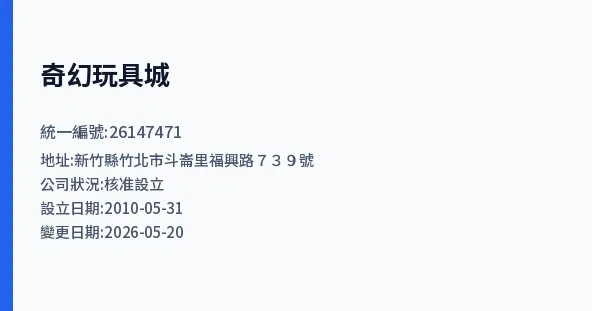 奇幻玩具城的照片-統編 26147471(新竹縣) 公司登記資料與營業項目詳細圖表