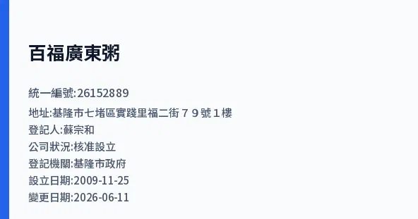 百福廣東粥的照片-統編 26152889(基隆市) 公司登記資料與營業項目詳細圖表