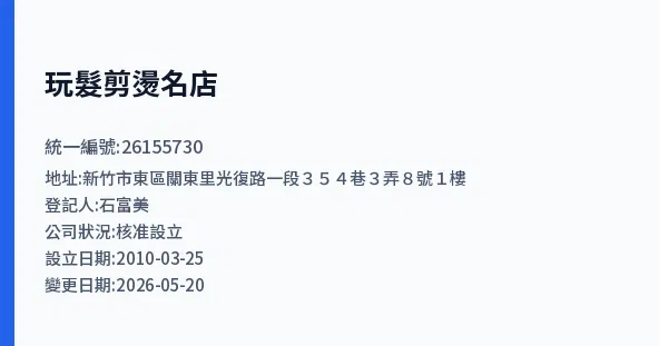 玩髮剪燙名店的照片-統編 26155730(新竹市) 公司登記資料與營業項目詳細圖表