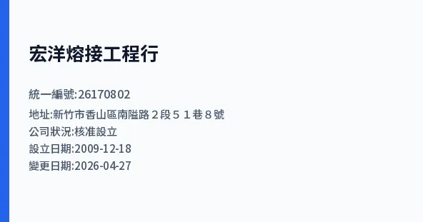 宏洋熔接工程行的照片-統編 26170802(新竹市) 公司登記資料與營業項目詳細圖表