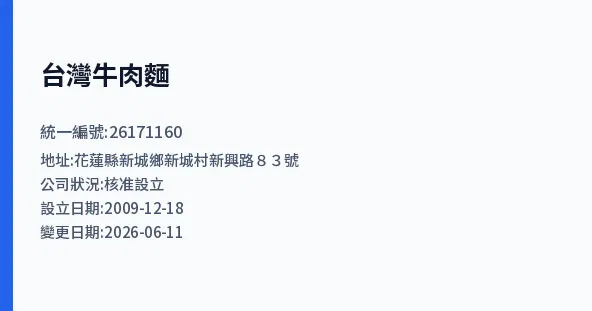 台灣牛肉麵的照片-統編 26171160(花蓮縣) 公司登記資料與營業項目詳細圖表