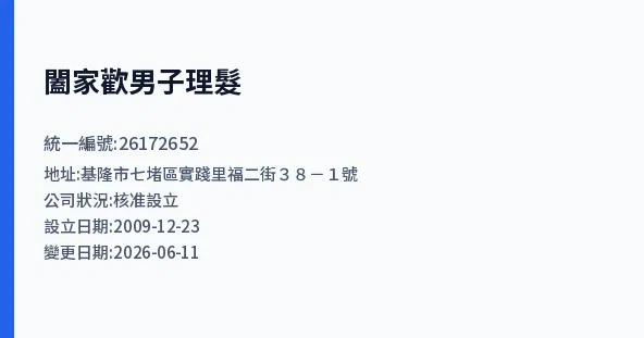 闔家歡男子理髮的照片-統編 26172652(基隆市) 公司登記資料與營業項目詳細圖表