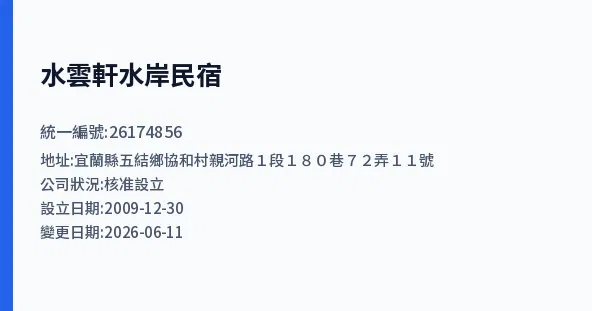 水雲軒水岸民宿的照片-統編 26174856(宜蘭縣) 公司登記資料與營業項目詳細圖表