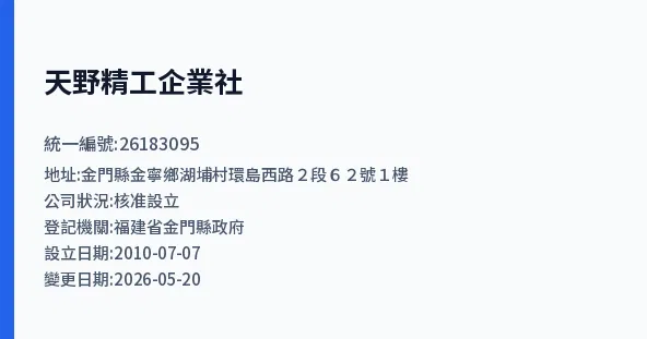 天野精工企業社的照片-統編 26183095(金門縣) 公司登記資料與營業項目詳細圖表