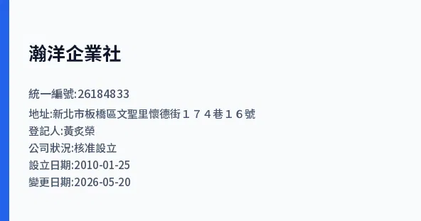 瀚洋企業社的照片-統編 26184833(新北市) 公司登記資料與營業項目詳細圖表