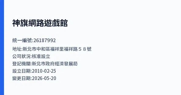 神旗網路遊戲館的照片-統編 26187992(新北市) 公司登記資料與營業項目詳細圖表