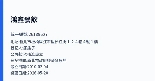 鴻鑫餐飲的照片-統編 26189627(新北市) 公司登記資料與營業項目詳細圖表
