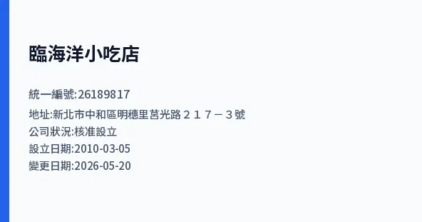臨海洋小吃店的照片-統編 26189817(新北市) 公司登記資料與營業項目詳細圖表