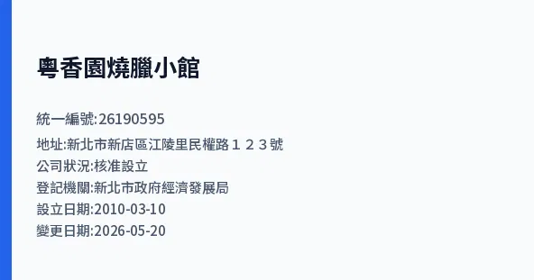 粵香園燒臘小館的照片-統編 26190595(新北市) 公司登記資料與營業項目詳細圖表