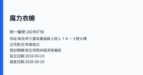 魔力衣櫥的照片-統編 26190758(新北市) 公司登記資料與營業項目詳細圖表