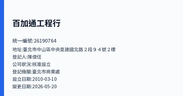 百加通工程行的照片-統編 26190764(臺北市) 公司登記資料與營業項目詳細圖表