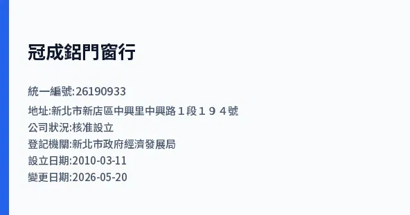 冠成鋁門窗行的照片-統編 26190933(新北市) 公司登記資料與營業項目詳細圖表