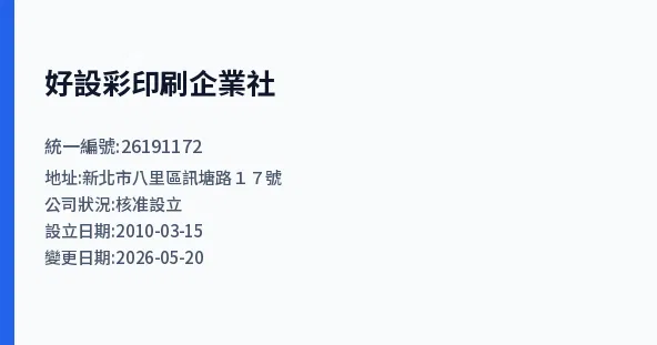 好設彩印刷企業社的照片-統編 26191172(新北市) 公司登記資料與營業項目詳細圖表
