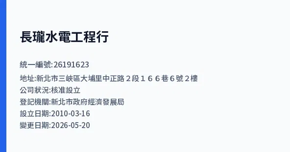 長瓏水電工程行的照片-統編 26191623(新北市) 公司登記資料與營業項目詳細圖表