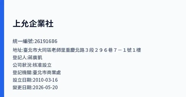 上允企業社的照片-統編 26191686(臺北市) 公司登記資料與營業項目詳細圖表